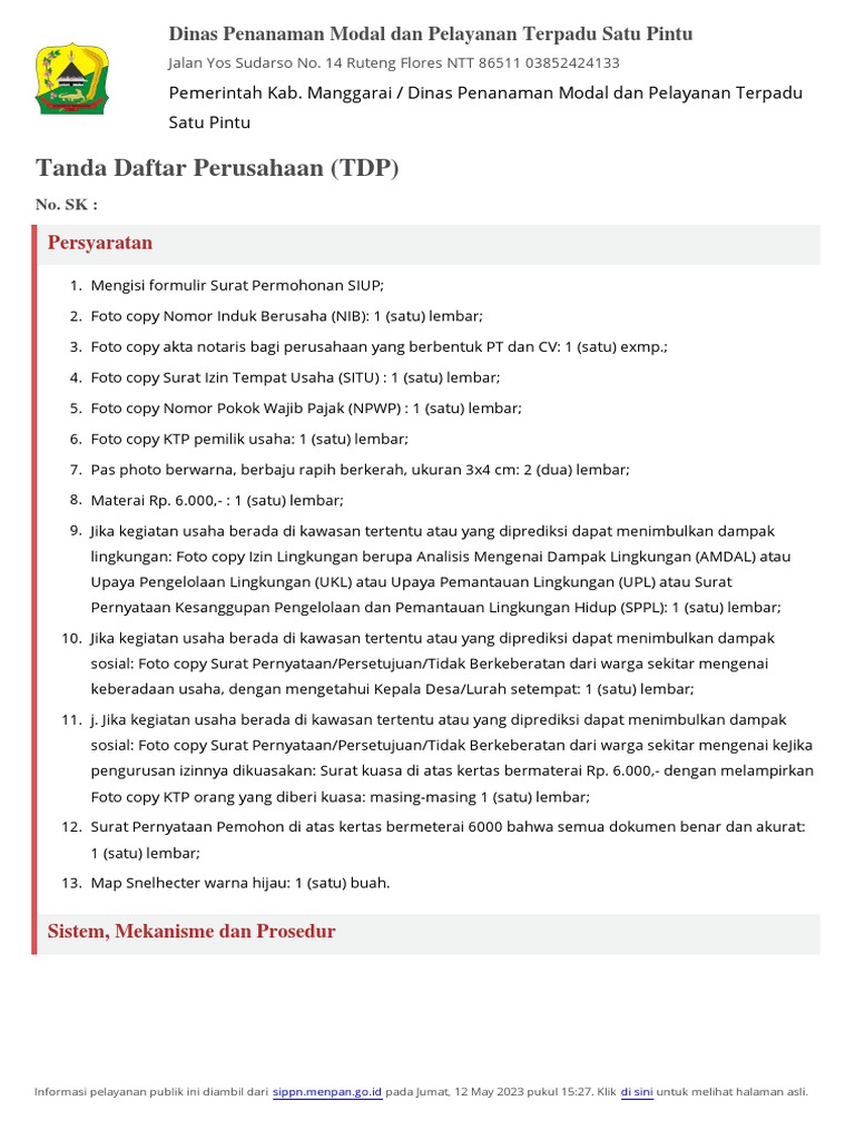 Unduh Standar Pelayanan - Tanda Daftar Perusahaan (TDP) | PDF