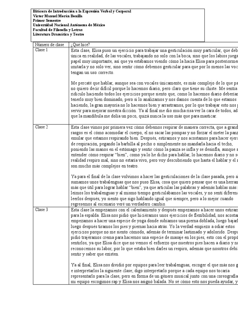 Bitácora Introducción A La Expresión Verbal y Corporal VMMB | PDF
