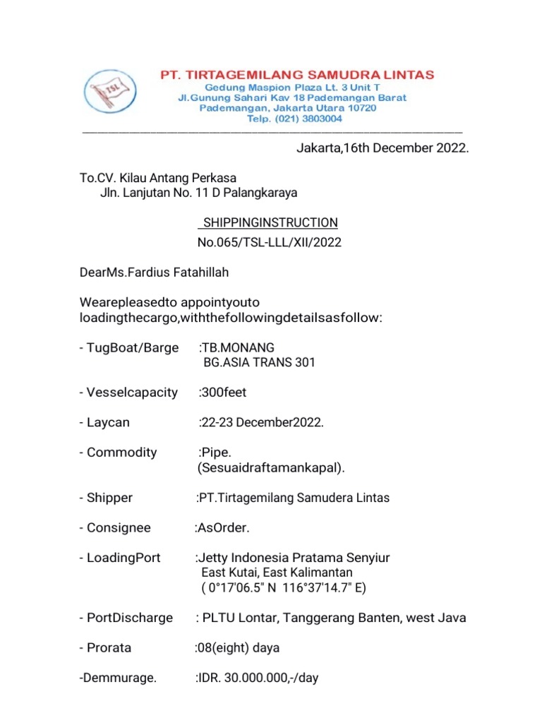 SI 065 TSL SLL XII 2022 Jetty Indonesia Pratama Senyiur Kaltim | PDF