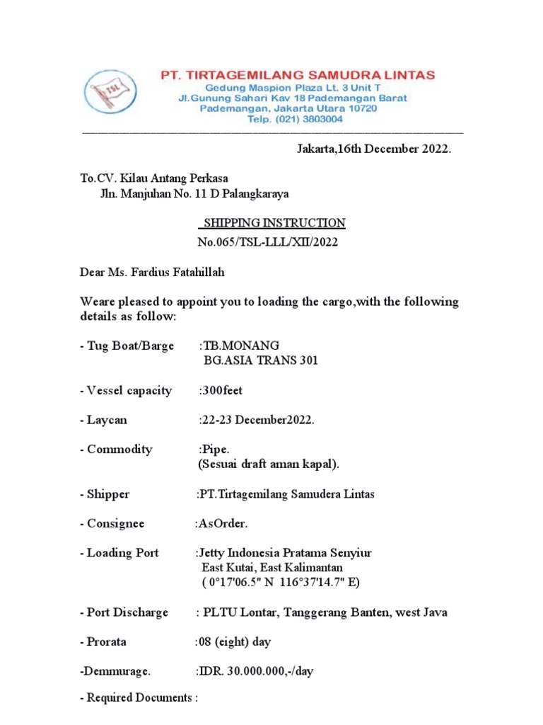 SI 065 TSL SLL XII 2022 Jetty Indonesia Pratama Senyiur Kaltim-1 | PDF