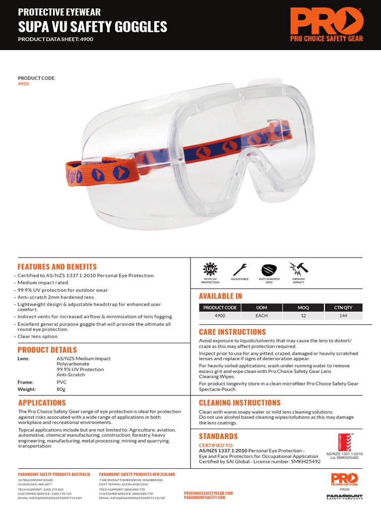 Safety Goggles SUPA VU Datasheet en | PDF | Physical Sciences