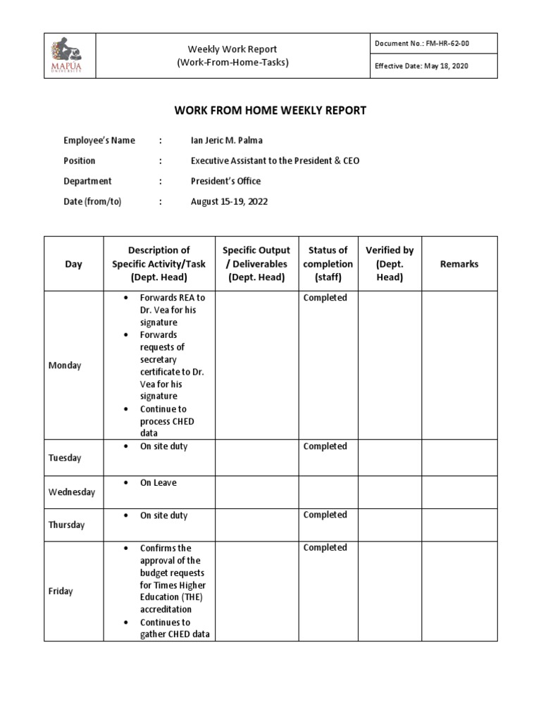 WORK FROM HOME WEEKLY REPORT (August 15-19, 2022) | PDF