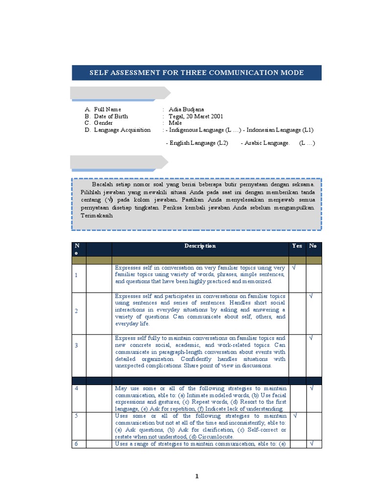 Adia Budjana Student Self Assement of Communication and Culture Awareness | PDF | Interpersonal ...
