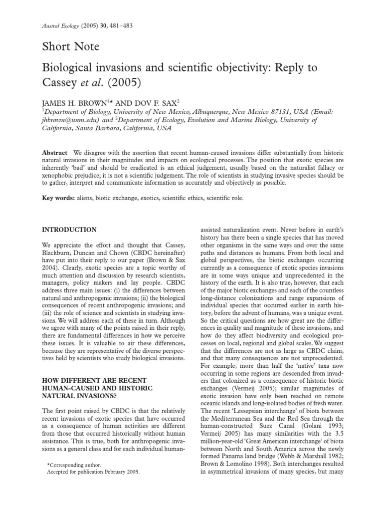 Brown and Sax 2005 - Biological Invasions and Scientific Objectivity Reply To Cassey Et Al 2005 ...
