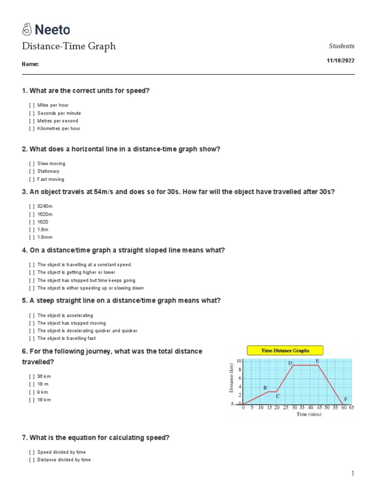 Distance-Time Graph Quiz for Students | PDF | Speed | Temporal Rates