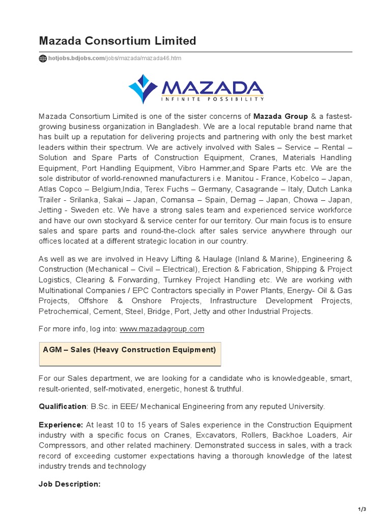Mazada Consortium Ltd. Sales Job Opening | PDF | Sales | Heavy Equipment