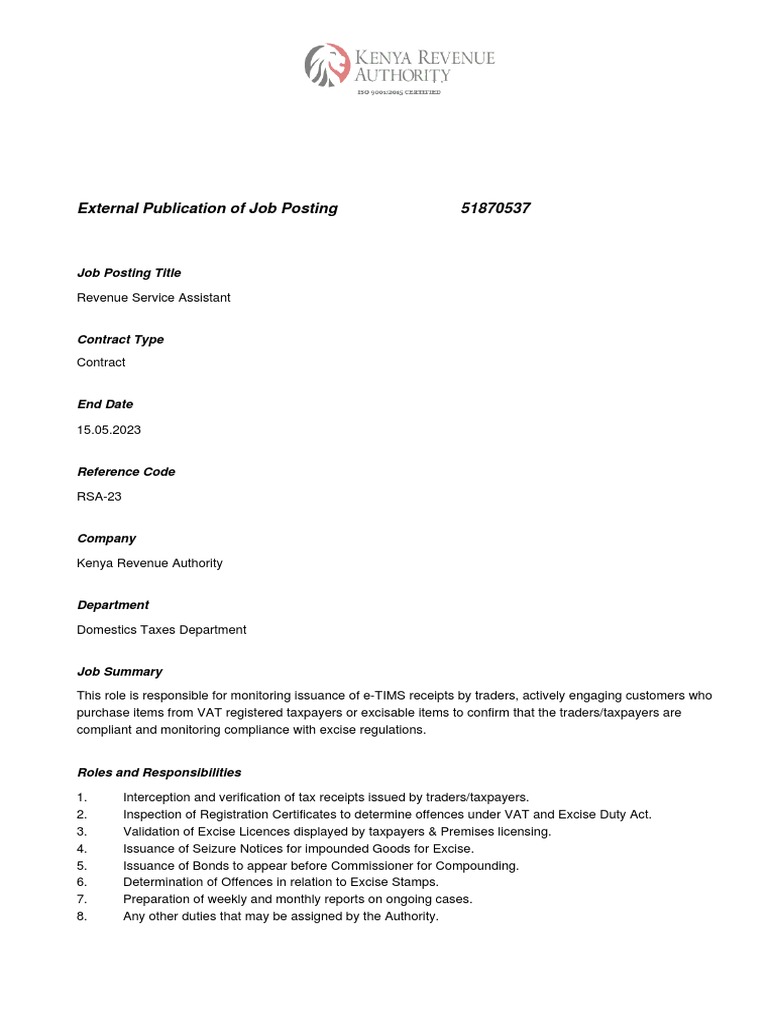 Revenue Service Assistant Job Posting | PDF | Business | Law