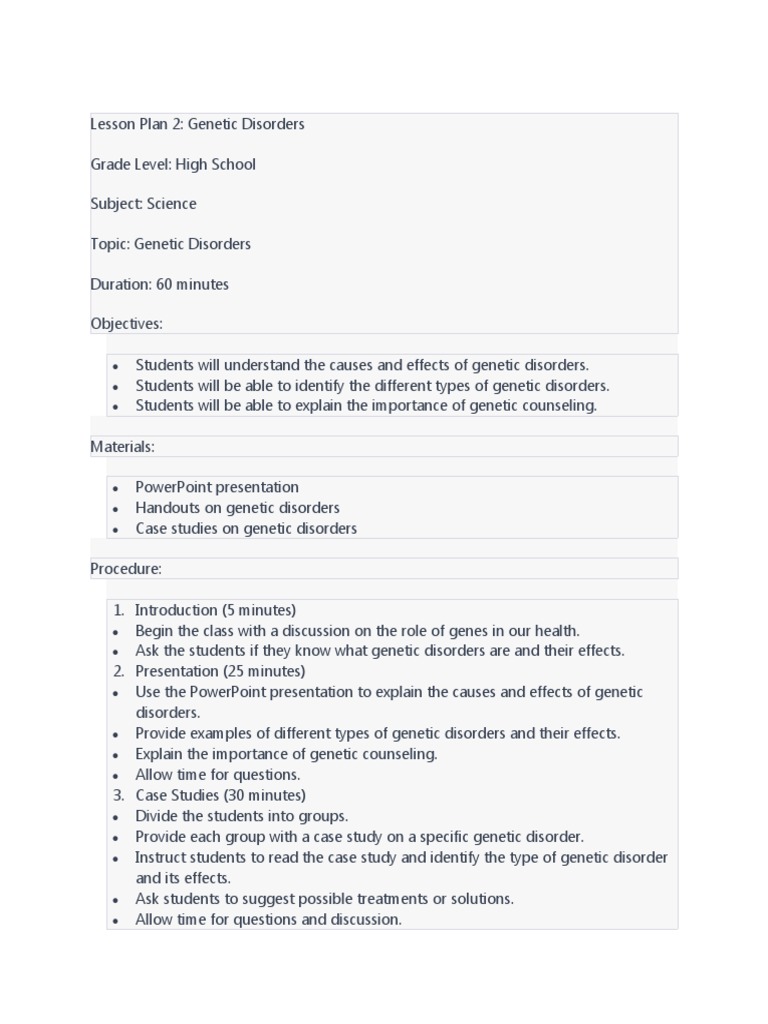 Lesson Plan - Genetic Disorders | PDF