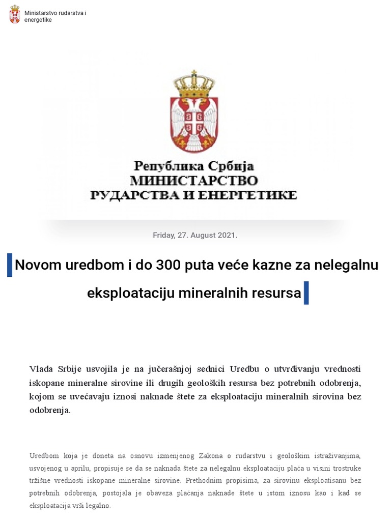 Novom Uredbom I Do 300 Puta Veće Kazne Za Nelegalnu Eksploataciju Mineralnih Resursa ...