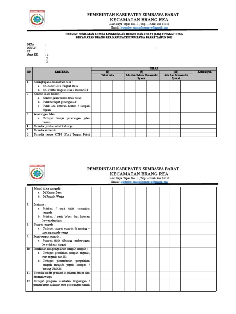 FORMAT PENILAIAN LOMBA LINGKUNGAN BERSIH DAN SEHAT | PDF