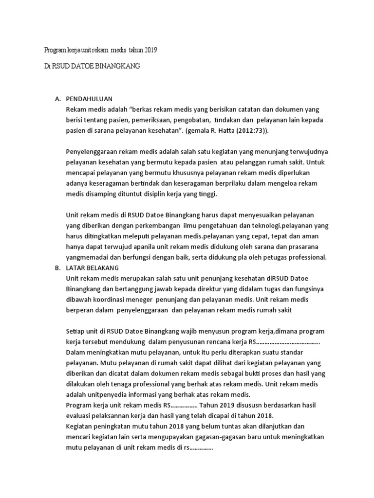 Program Kerja Unit Rekam Medis Tahun 2019 | PDF