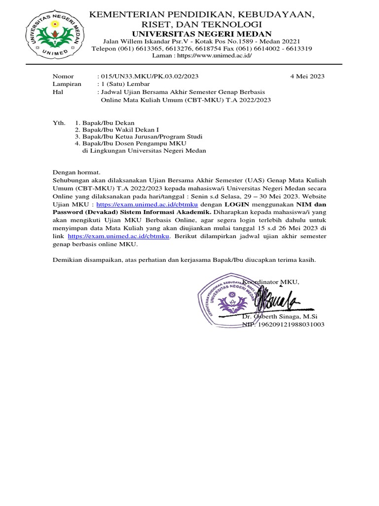 Surat Jadwal UAS MKU S.Genap 2022 - 2023 PDF | PDF