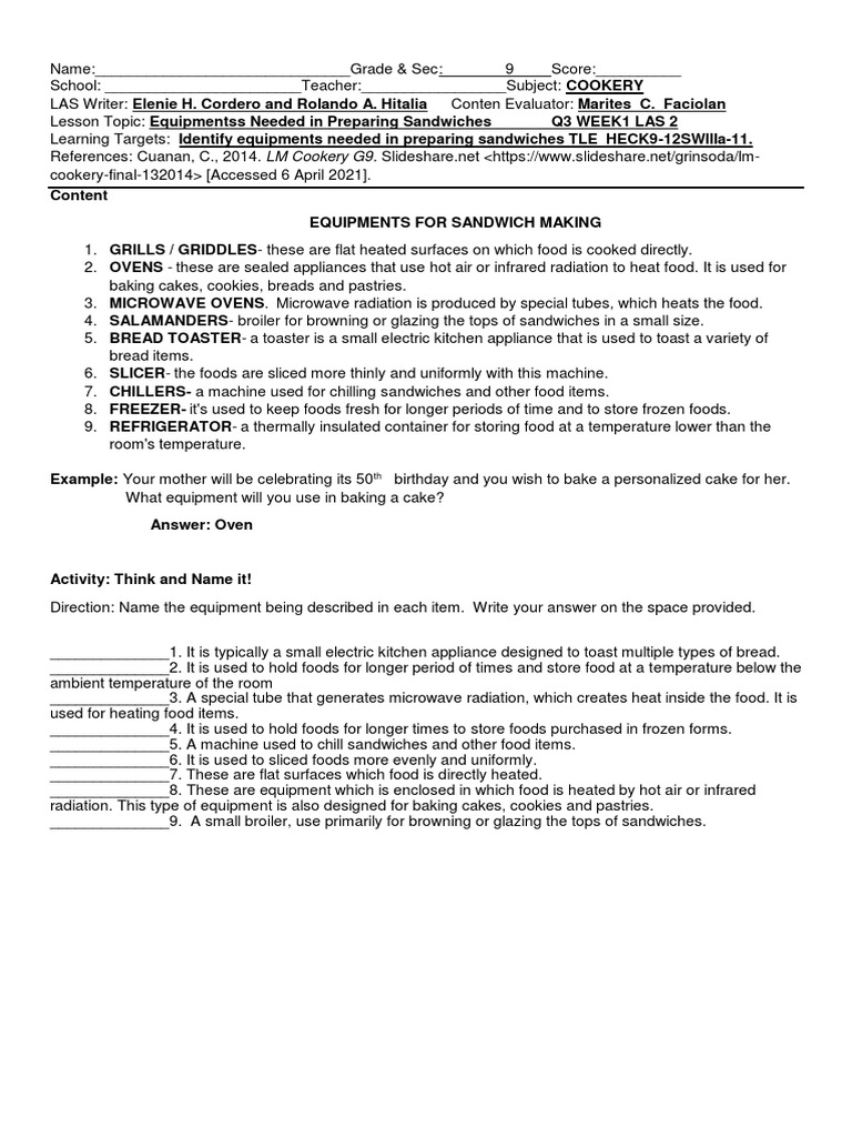Cookery 9 Quarter 3 Week 1 Las 2 | PDF Cookery 9 Quarter 3 Week 1 Las 2 | PDF