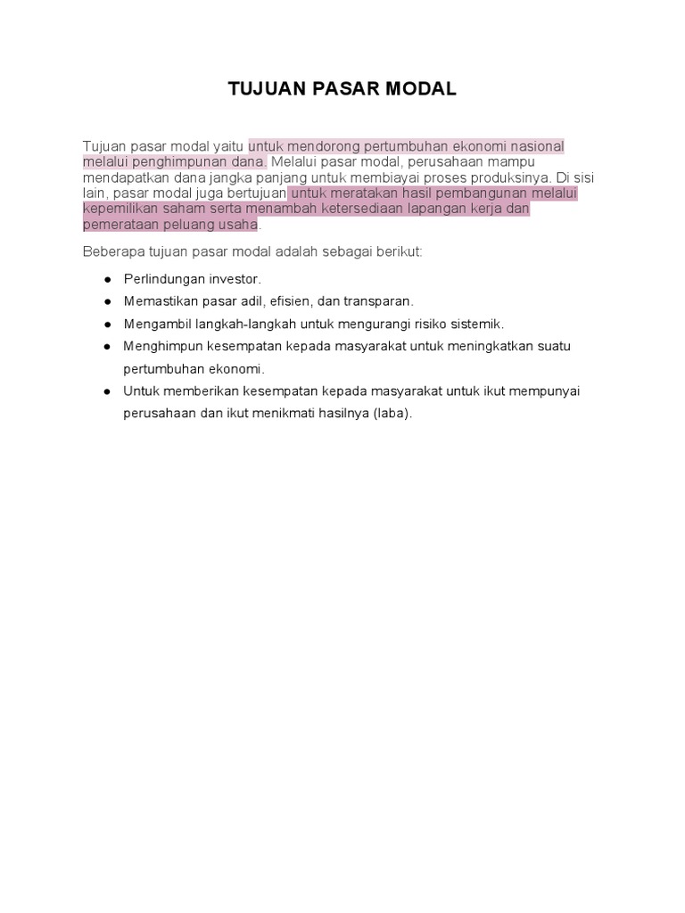 Tujuan Pasar Modal | PDF | Pengelolaan Keuangan & Uang | Politik