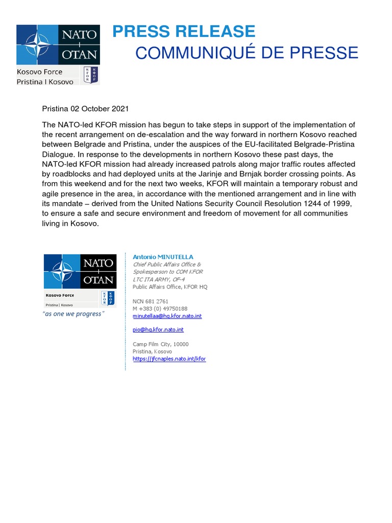 NATO KFOR Kosovo Communique | PDF