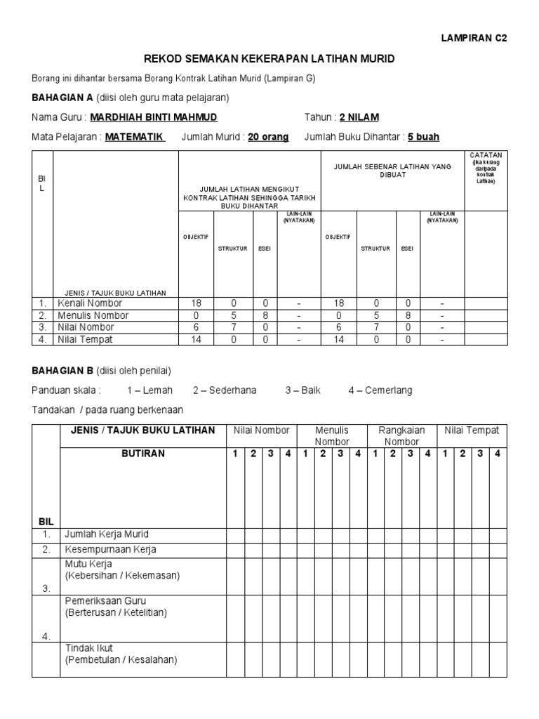 Borang Rekod Semakan Kekerapan Latihan Murid | PDF