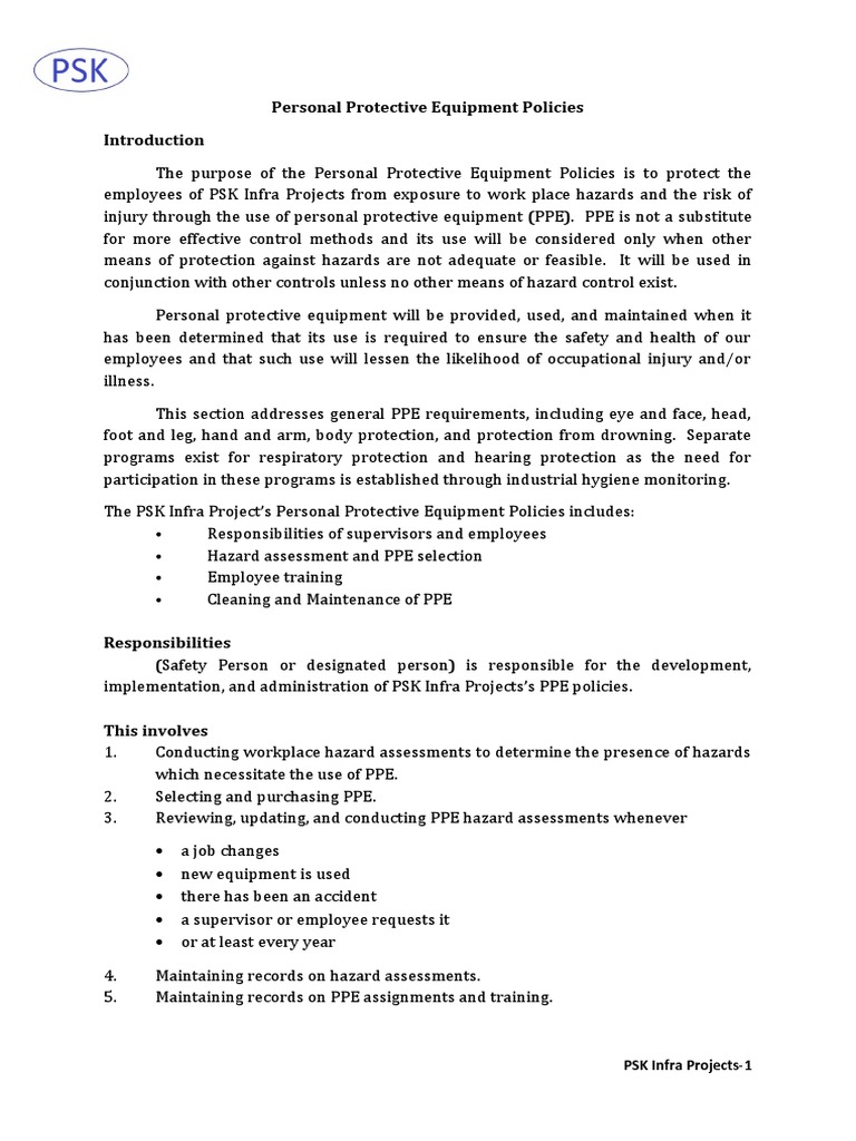 PPE Policy for Employee Safety | PDF | Personal Protective Equipment ...