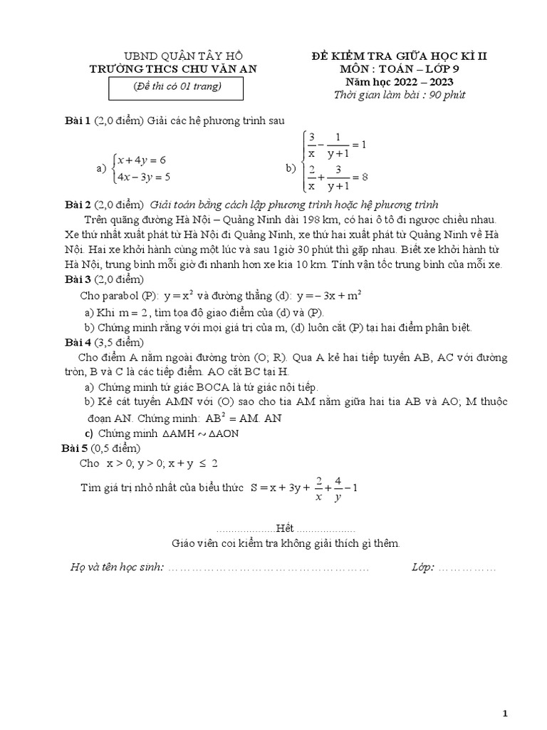 De Giua Hoc Ki 2 Toan 9 Nam 2022 2023 Truong Thcs Chu Van An Ha Noi | PDF