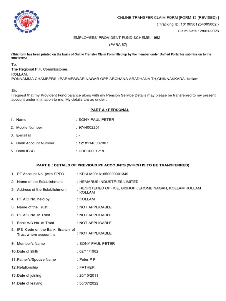 EPF Form 13 (Accepted by Field Office) PDF | PDF | Service Industries | Personal Finance