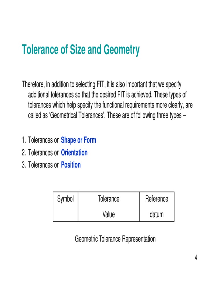 Tolerance of Size and Geometry: Shape or Form Orientation Position ...