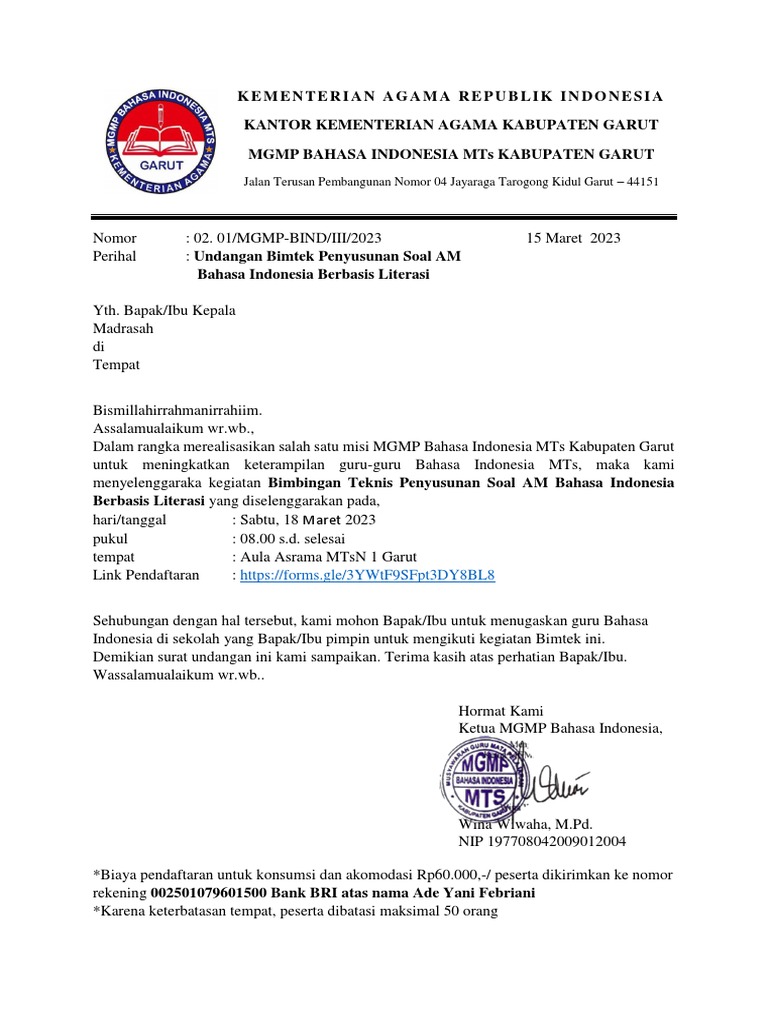 SURAT UNDANGAN Bimtek BIndo | PDF