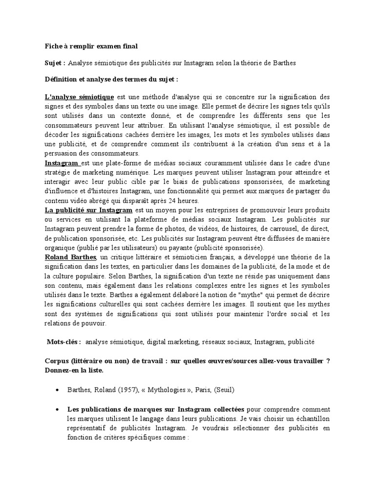 Fiche À Remplir Présentation Sujet Examen LFR429 | PDF | Sémiotique | Publicité