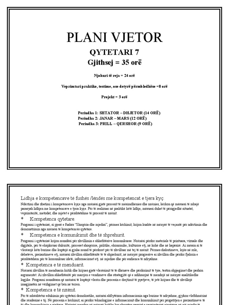 Qytetari 7 Plani Mesimor 2022 2023 Xzqetb | PDF