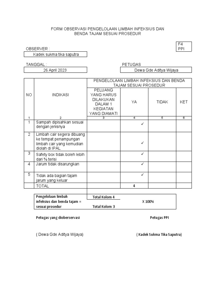 4. FORM OBSERVASI PENGELOLAAN LIMBAH INFEKSIUS DAN | PDF