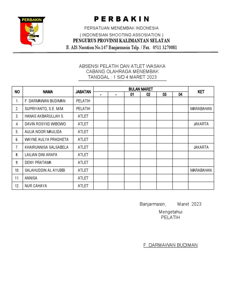 Absensi Pelatih Dan Atlet Wasaka 2023 | PDF