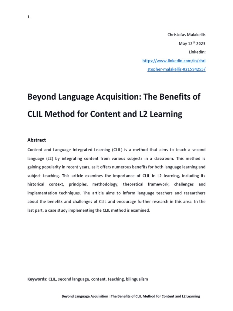 Malakellis C. (2023) - Beyond Language Acquisition. The Benefits of CLIL Method For Content and ...
