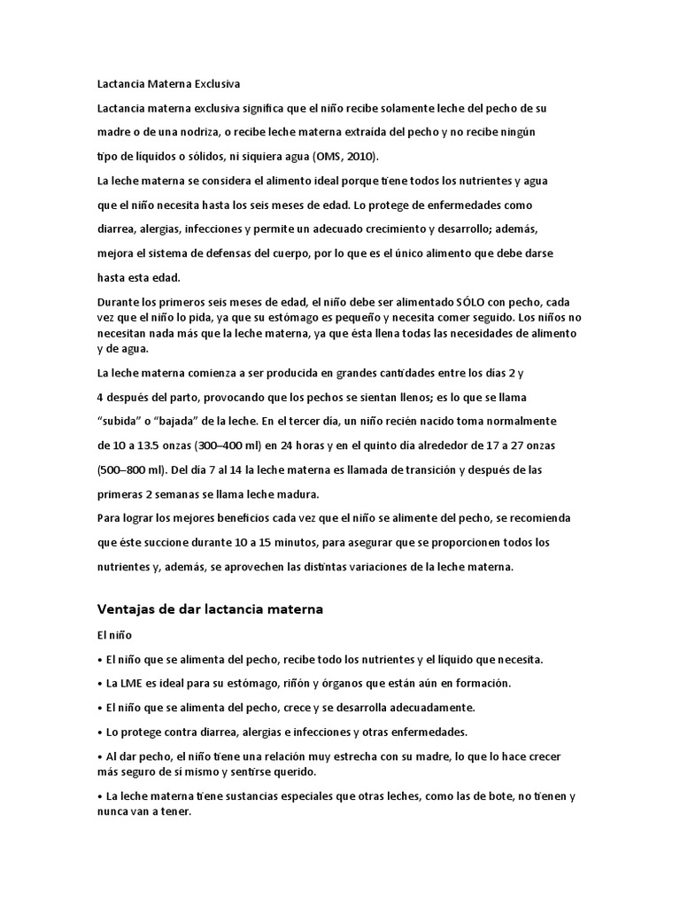 Beneficios de la Lactancia Materna Exclusiva | PDF
