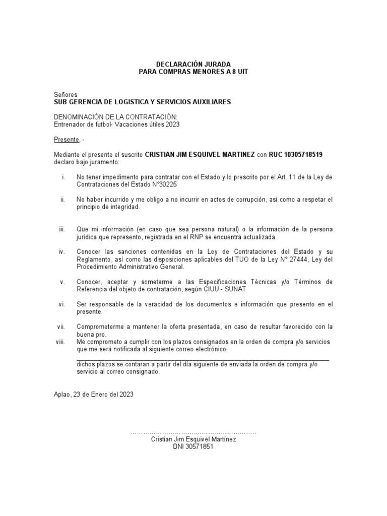 Declaracion Jurada para Compras Menores A 8 Uit Jim | PDF