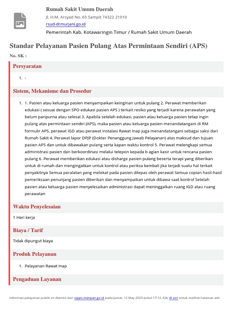 Unduh Standar Pelayanan - Standar Pelayanan Pasien Pulang Atas Permintaan Sendiri (APS) | PDF