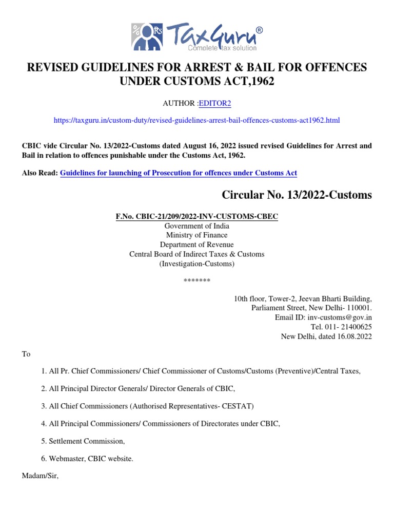 Revised Guidelines for Arrest ; Bail for offences under Customs Act ...