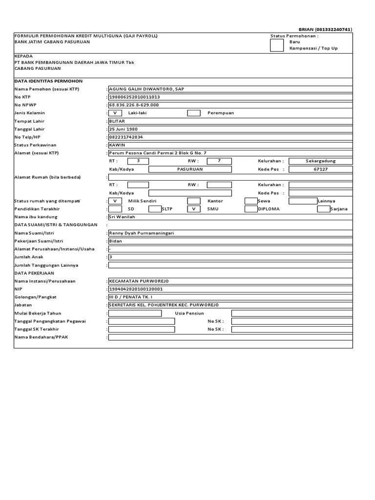 Permohonan Kredit Multiguna Bank Jatim | PDF