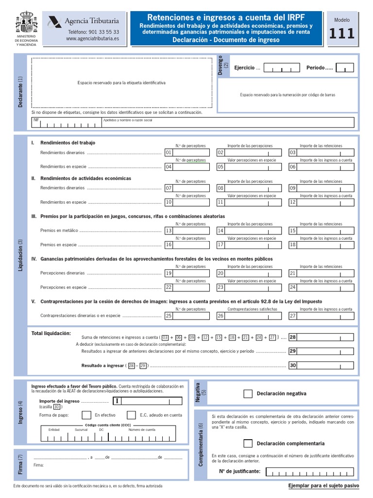 Modelo 111. Retenciones e Ingresos Cuenta Del IRPF PDF | PDF