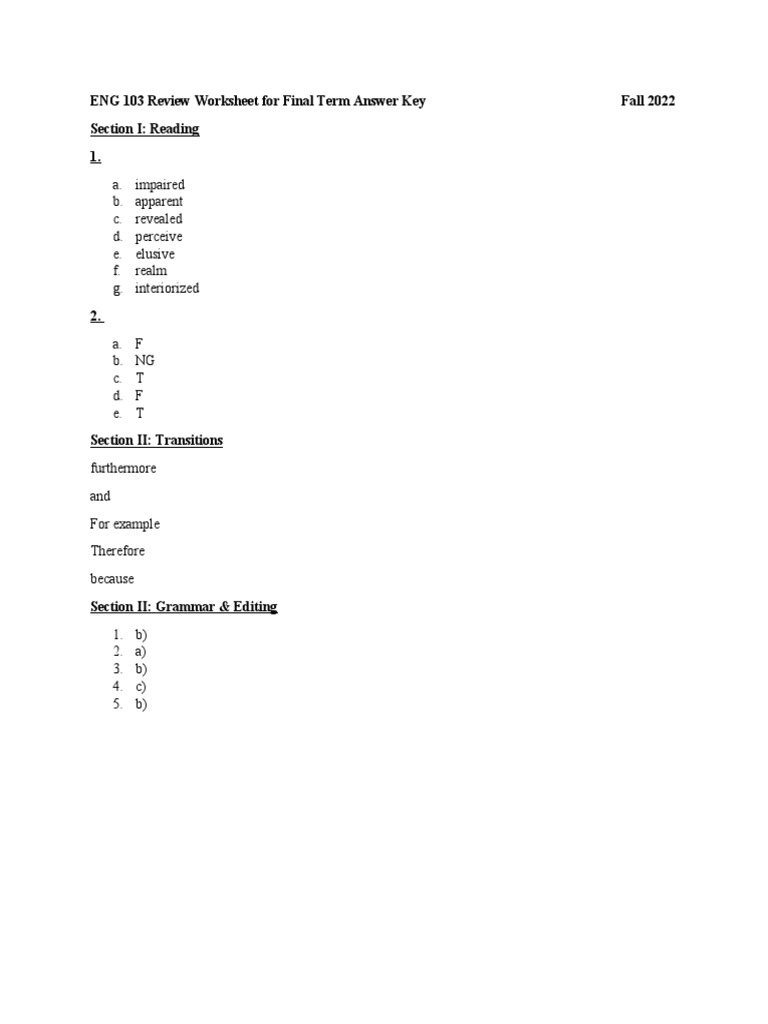ENG 103 Review Worksheet For Final Term Answer Key Fall 2022 | PDF