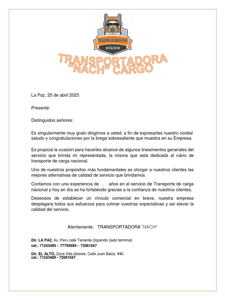 Carta de Ofrecer Servicio de Transporte | PDF