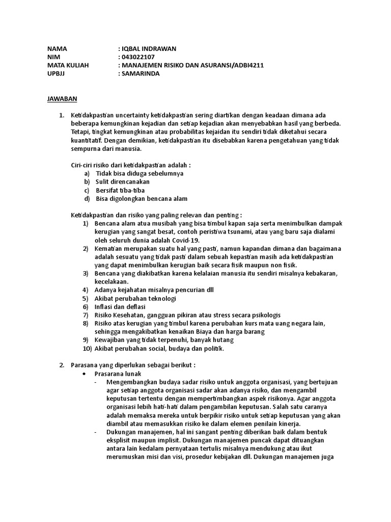 Tugas 1 Manajemen Risiko Dan Asuransi | PDF