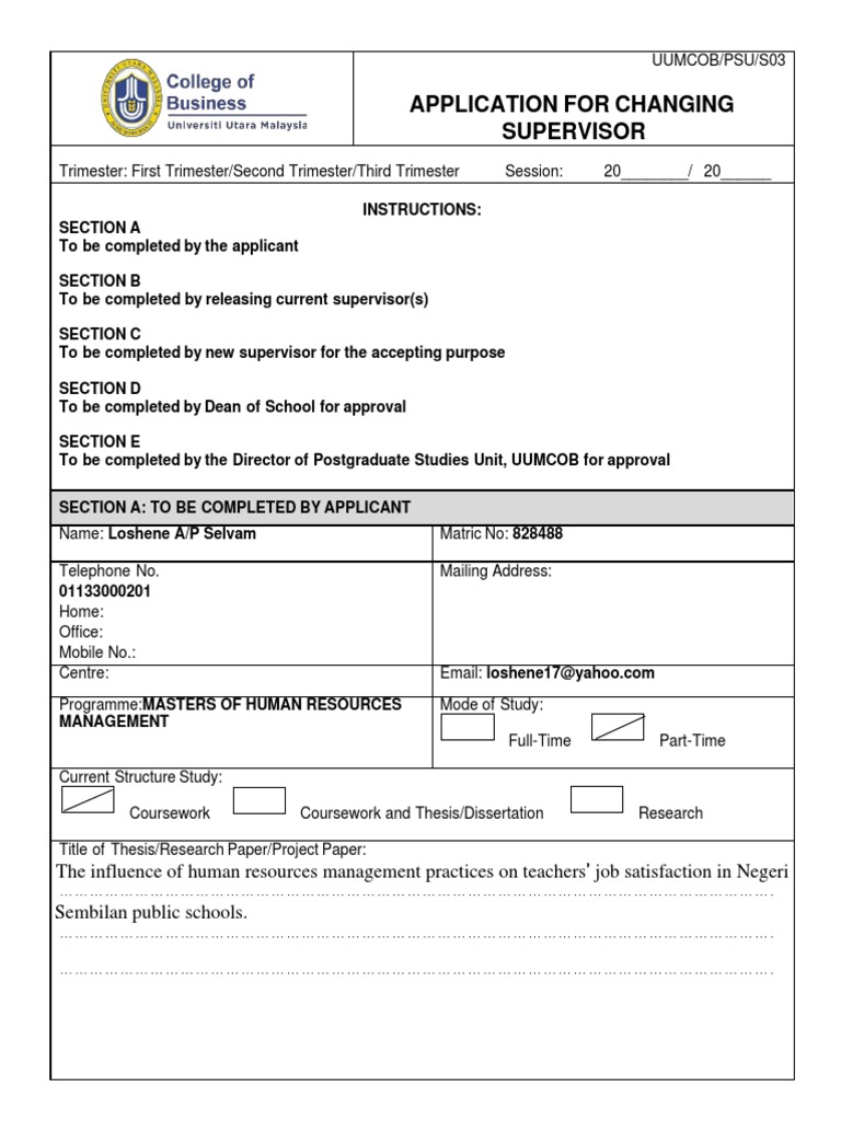 Application For Changing Supervisor Form-Loshene PDF | PDF | Thesis