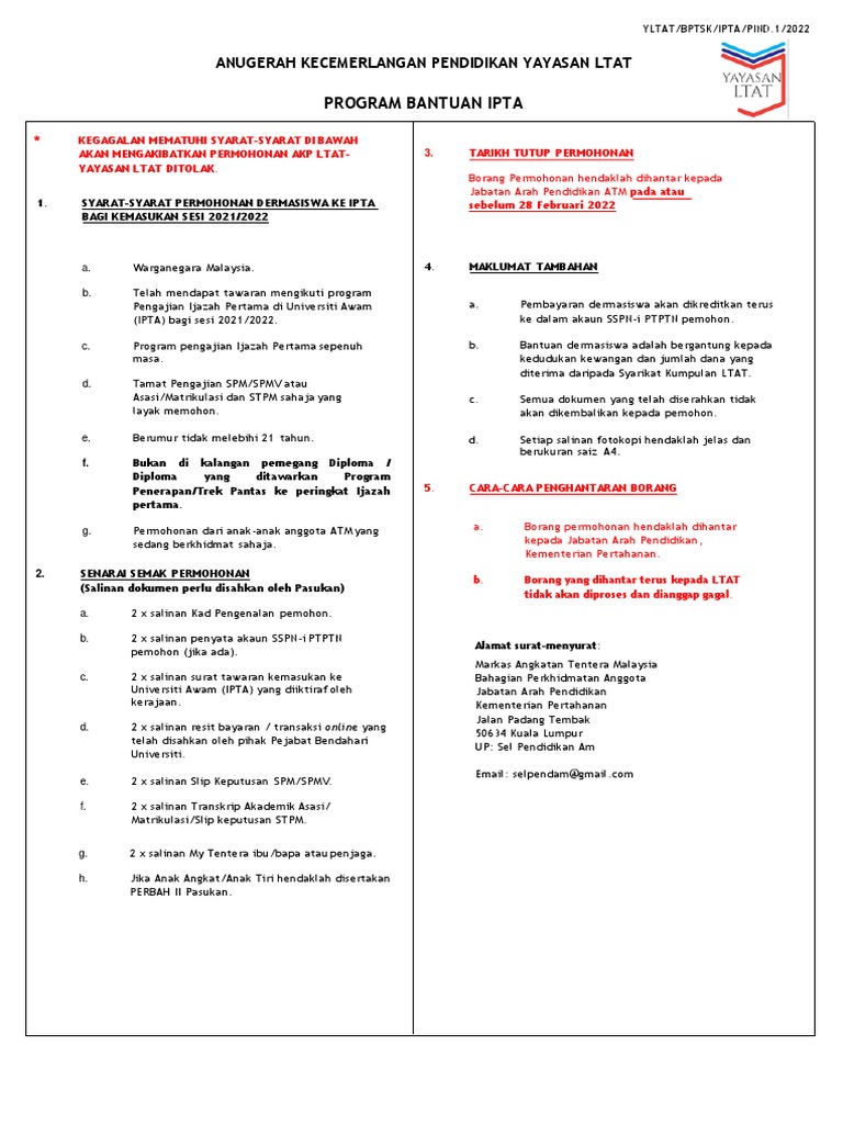 Borang Permohonan Program Bantuan IPTA 2022 Update v2 | PDF