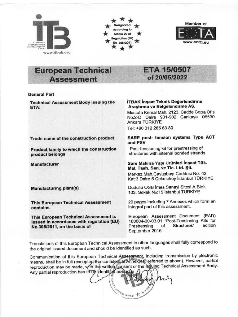 ETA Certification For SARE Post Tension System Me Shenimet e Refitit | PDF