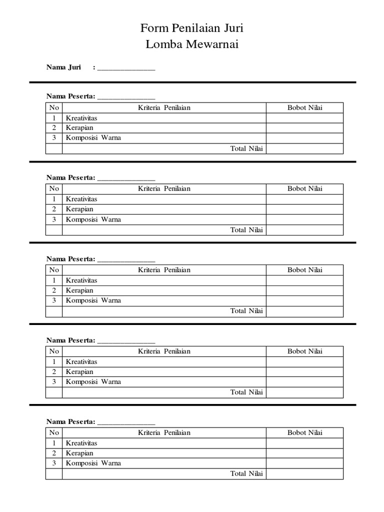 Form Penilaian Juri Lomba Mewarnai 17 Agustus | PDF