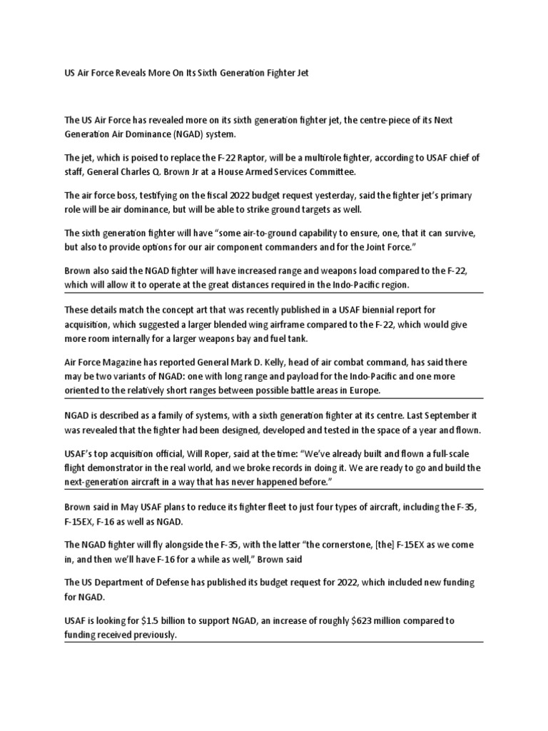 US Air Force Reveals More On Its Sixth Generation Fighter Jet | PDF ...