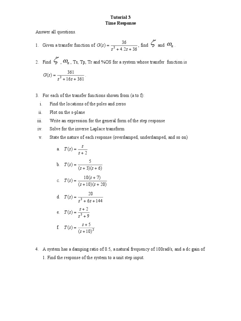 Tutorial 3 - Time Response PDF | PDF | Damping | Control Engineering