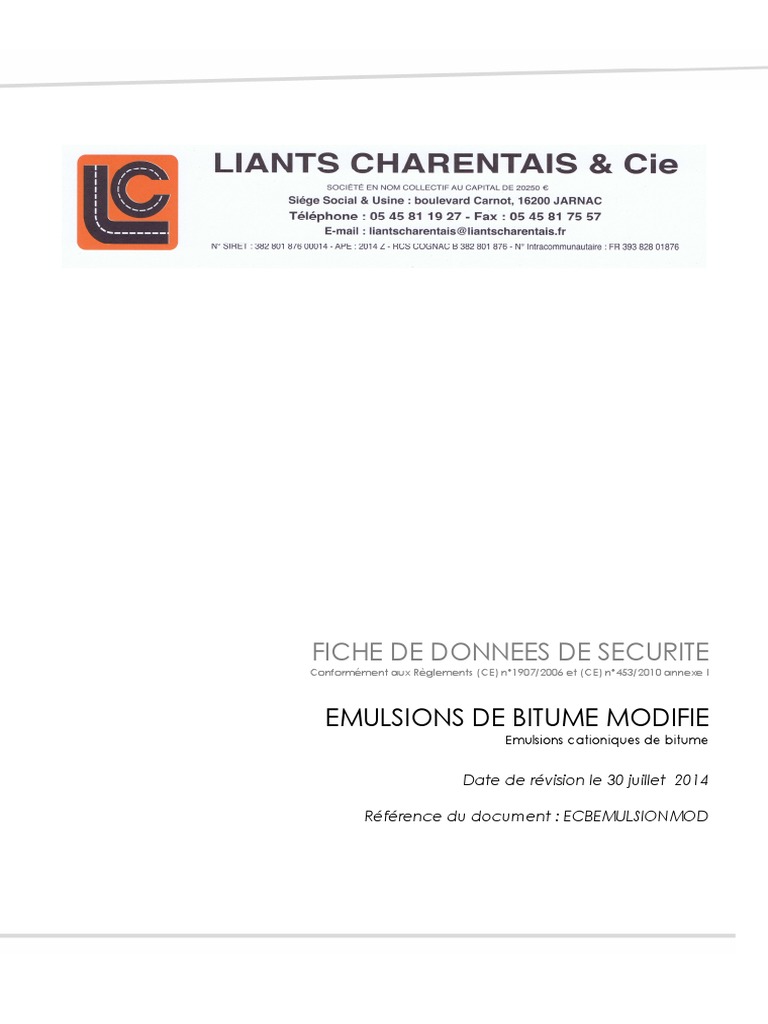 04 - FDS Emulsions de Bitume Modifié | PDF | Carcinogène | Asphalte