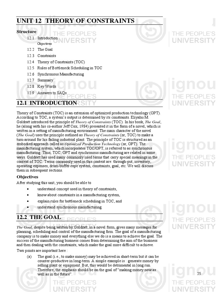 Unit-12 Theory of Constraints and Synchronous Manufacturing | PDF