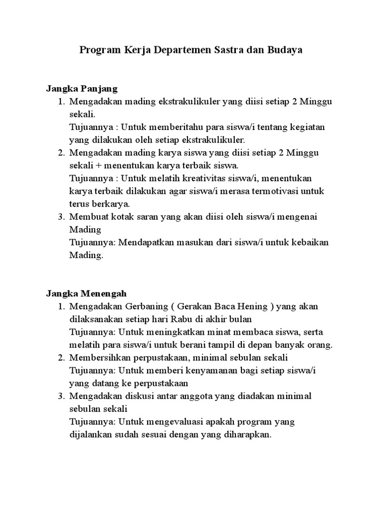 Program Kerja Bidang Sastra Dan Budaya PDF | PDF