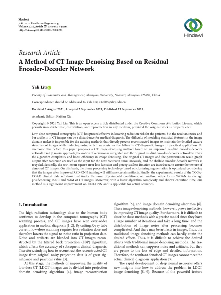 A Method Of Ct Image Denoising Based On Residual Encoder Decoder Network Pdf Pdf 8731