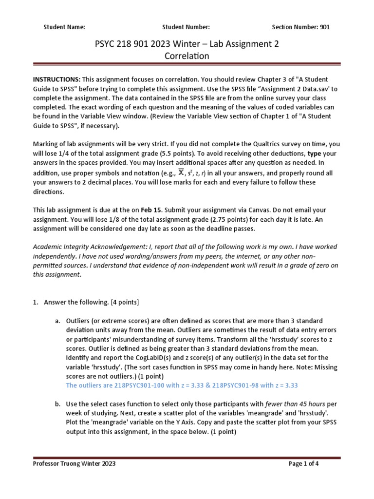 PSYC 218 Winter Lab 2: Correlation | PDF | Outlier | Statistical Analysis